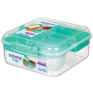 Sistema Bento Box Lunch Box with 3 Compartments, 2 Removable Trays, and Salad Dressing Container, Dishwasher Safe, Color May Vary