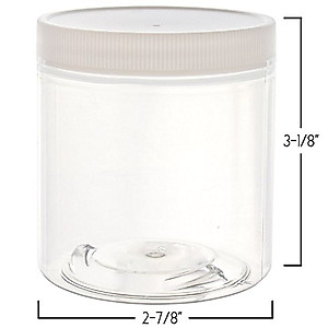 8oz Plastic Wide-Mouth Storage Jars (6 pack) with labels - Large straight-sided clear empty refillable containers with white screw-on lids - 70mm 70-400 70/400