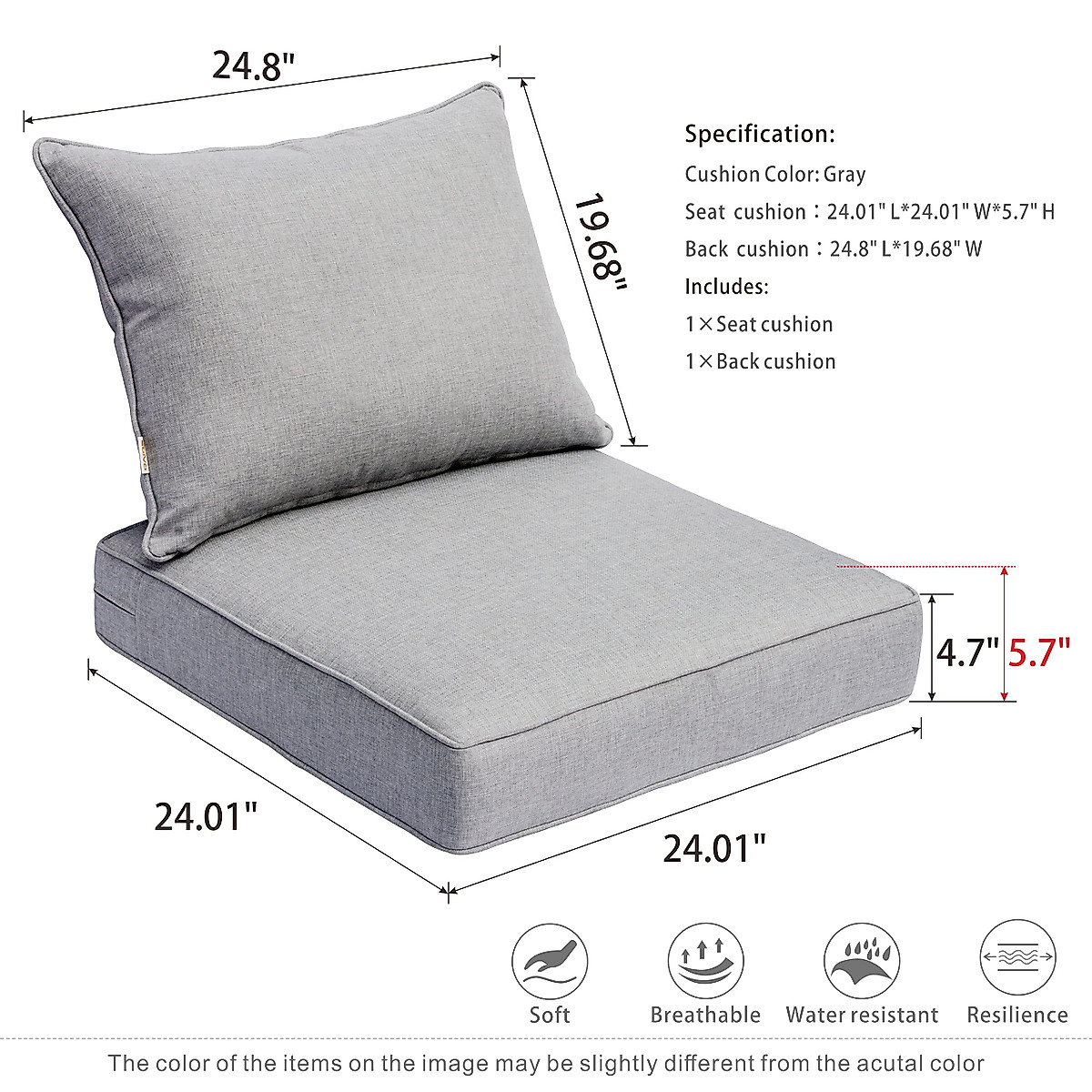ovios Outdoor Cushion Set Patio Furniture Cushions with Removable Cover Water Resistant Fade Resistant Thick Bottom Deep Seat Cushion and Back Cushion for Sofa Chair Couch, 24 x 24 Inch, Grey