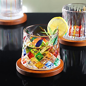 Joeyan Rotatable Hand Painted Whiskey Glasses with Coaster,Old Fashioned Glass Tumblers with Strip and Diamond Patterns,Colorful Whiskey Glass Cups for Rum Bourbon Scotch,Set of 2,9 oz