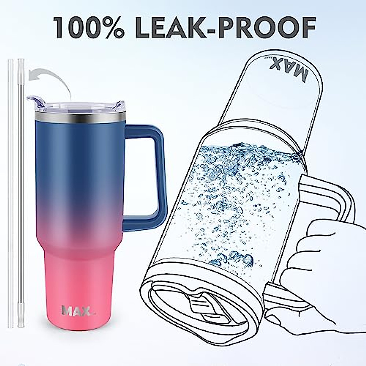 MaxBase 40 Oz Tumbler with Handle and Straw Lid, Insulated Reusable Stainless Steel Travel Mug Keeps Drinks Cold up to 34 Hours, 100% Leakproof Bottle (Sunset)