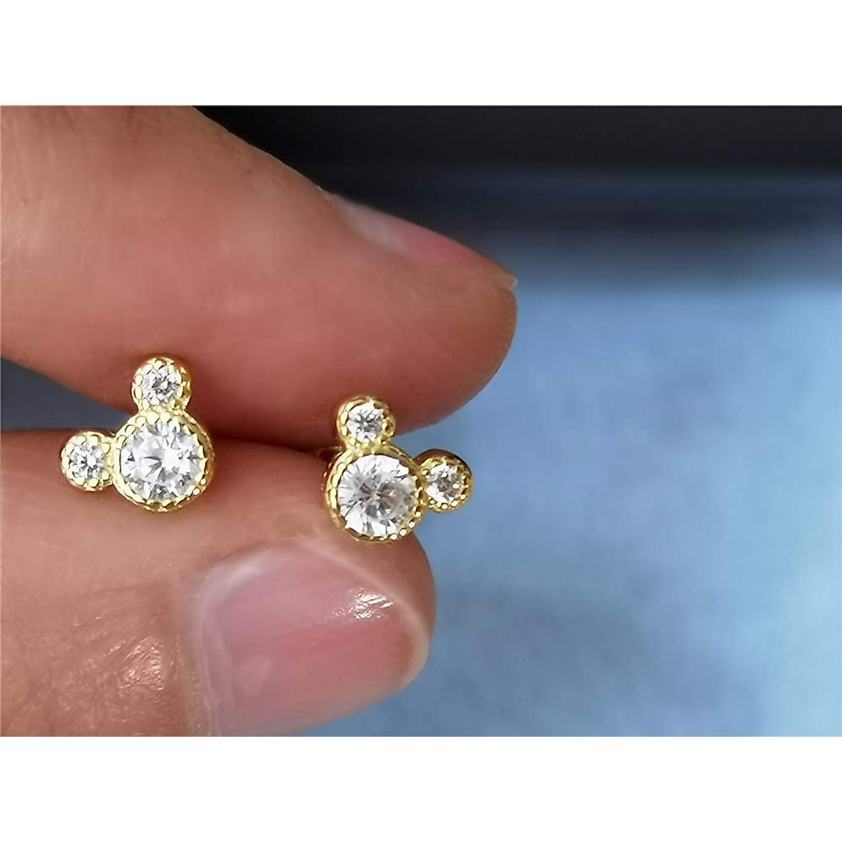 Tiny Cute Mouse Stud Sterling Silver Earrings for Women Girls Gold Plated Cubic Zirconia Mini Small 20g Barbell Ball Studs Cartilage Tragus 4 mm Bead Screw Back Piercing Body Jewelry (Gold)