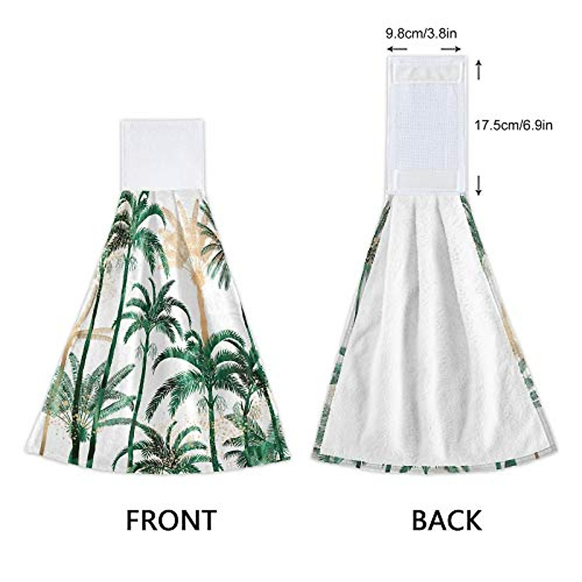 Green Gold Palm Trees Seamless On White 2 Pcs Hanging Kitchen Hand Towels, Hanging Tie Towels with Hook & Loop Dishcloths Sets, Decorative Absorbent Tea Bar Bath Hand Towel