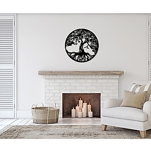 Steel Roots Decor Metal Black Tree of Life Wall Art - Powder Coated Laser Cut Holes - Indoor and Outdoor Home Bedroom or Kitchen Decorations, Modern Wall Sculpture Art Round for Living Room – 18”