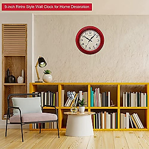 OCEST 9-Inch Retro Red Small Kitchen Wall Clock, Silent Non Ticking Battery Operated Home Decorative Round Quartz Wall Clock, Easy to Read Clock for Livingroom, Bedroom, Bathroom, Office, Reading Room