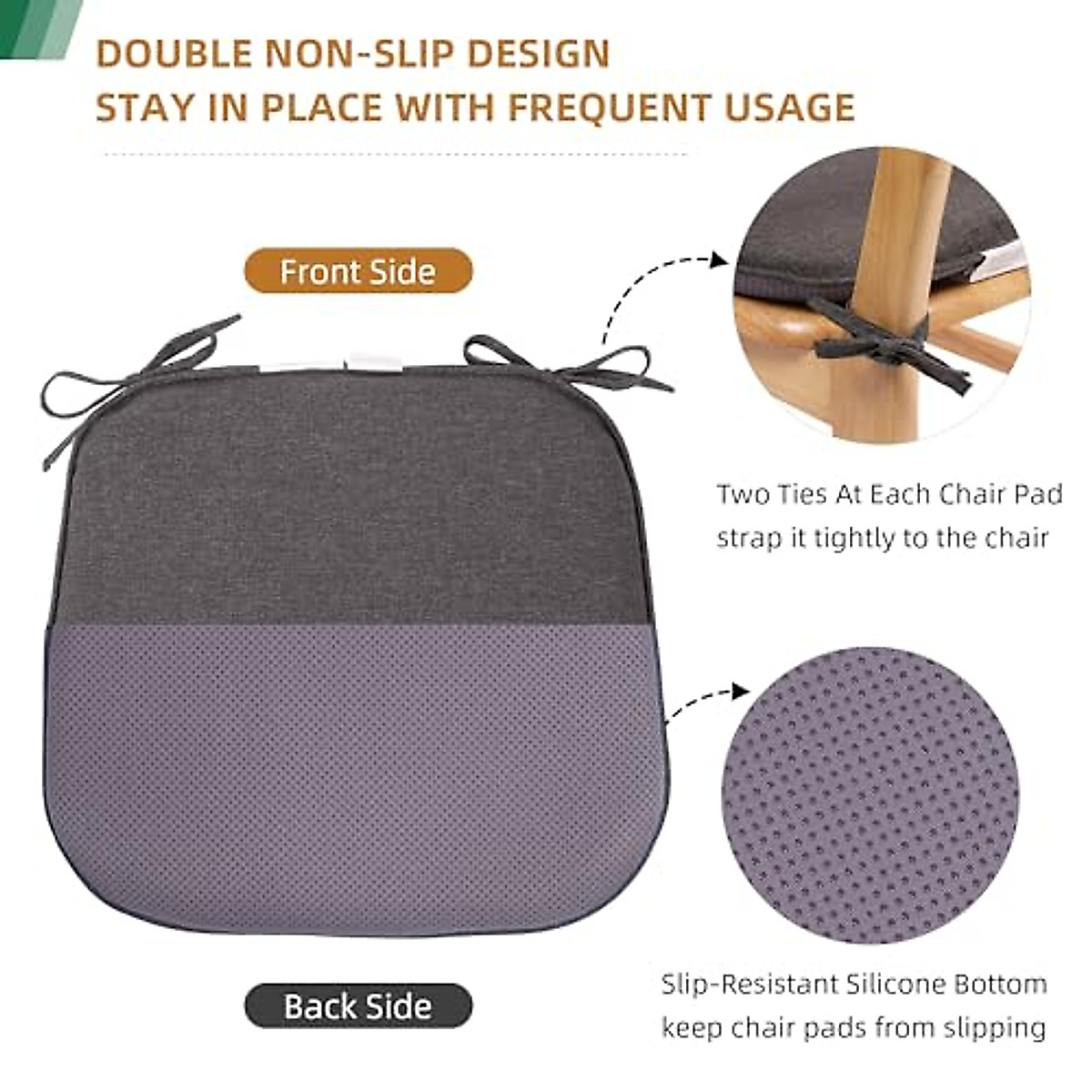 RACE LEAF Indoor Chair Cushions Dark Gray, 17" X 16" Chair Pads for Dining Chairs Set of 4, High-Density Foam Chair Seat Cushion Pads with Ties and Non-Slip Backing