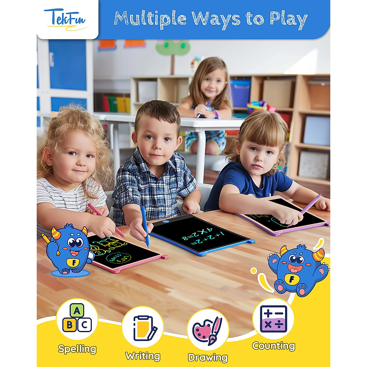 TEKFUN Kids Toys, 2Pcs LCD Writing Tablet with 4 Stylus, 8.5in Erasable Doodle Board Mess Free Drawing Pad for Kids, Car Trip Educational Toys Birthday for 3 4 5 6 7 Girls Boys