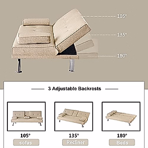 JCSTEU 67" Leather Sofa Bed with Cup Holder, Folding Sleeper Loveseat Couch with Adjustable Backrests, Convertible Loveseat Sofa for Living Room, Apartment,600 LBS Support (Beige)