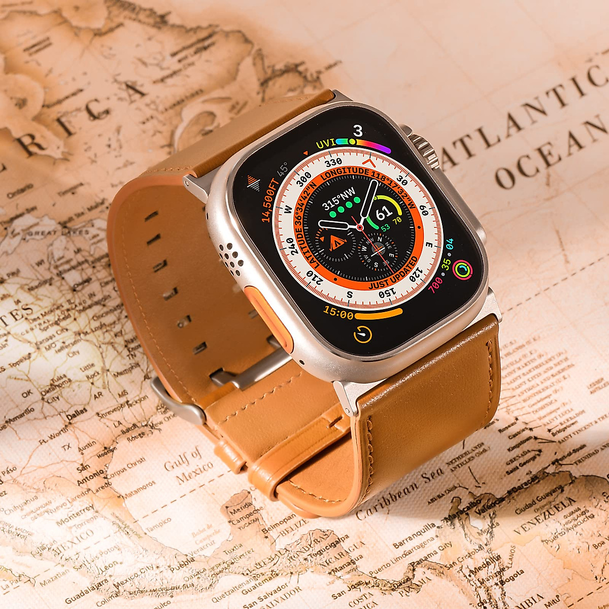 Tefeca Dual Series Band Compatible with Apple Watch Ultra 2/Ultra 49mm, Series 10 46mm, Series 9/8/7 45mm, SE2/SE/6/5/4 44mm (Brown Leather with Silver Adapters, 49/46/45/44mm)