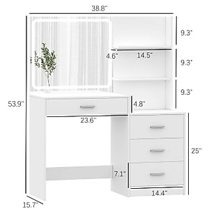 Rovaurx Makeup Vanity with 3-Color Dimmable Lighted Mirror, Large Vanity Table with Side Storage Shelf & 4 Drawers, Bedroom Dressing Desk, Brightness Adjustable, White RSZT107W