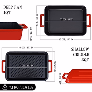 Flavehc Cast Iron Casserole Dish with Skillet Lid 9"x13" Rectangle Casserole Dishes for Oven Cast Iron Baking Dish Cast Iron Lasagna Pan Lasagna Baking Dish Red