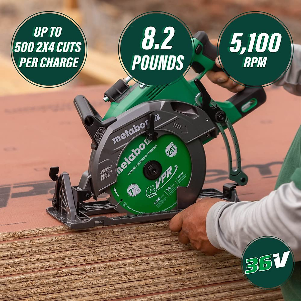 Metabo HPT 36V MultiVolt™ Cordless Rear Handle Circular Saw Kit | Optional AC Adapter | 7-1/4-Inch Blade | 500 Cross Cuts Per Charge | Lightweight - 8.2 Lbs. | C3607DWA