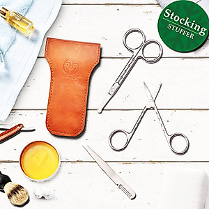 HANTEKAS Professional Stainless Steel Curved Rounded Facial Hair Scissors Tweezers Set For Men Moustache, Nose Hair, Beard Trimming Scissors,Safety Use for Eyebrows,Eyelashes,Ear Hair - PU Leather Bag