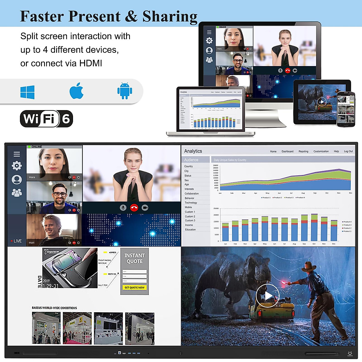 LINGHUFOX 75 Inch Smart Board, 4K UHD Touch Screen Digital Whiteboard with Open App Ecosystem, All-in-One Electronic Interactive Whiteboard for Classroom Office Home(Board+Movable Stand+Wall Mount)