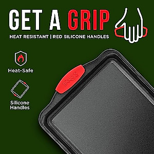 Nonstick Cookie Sheet Pan Carbon Steel Oven Tray Sheet Pan with Red Silicone Handles -Medium Bakeware Pan Tray with Gray Coating Inside & Outside