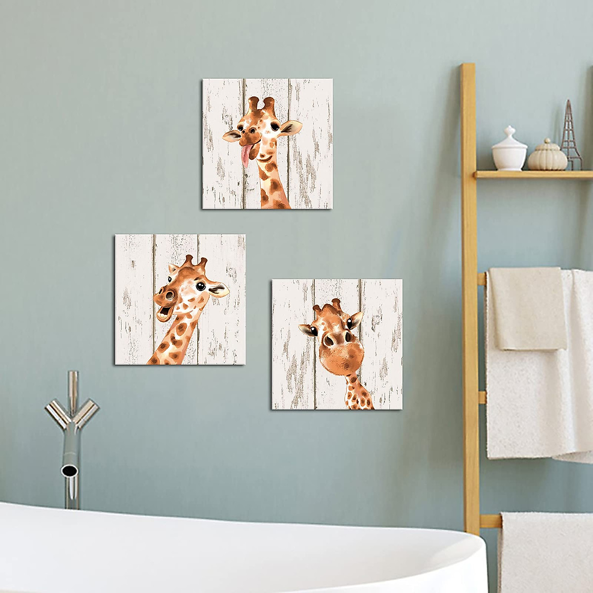 SiMiWOW Funny Giraffe Wall Art Giraffe Painting Kids Children Bedroom Living Room Nursery Wall Decor Framed Ready to Hang 12"x12"x3 Pieces