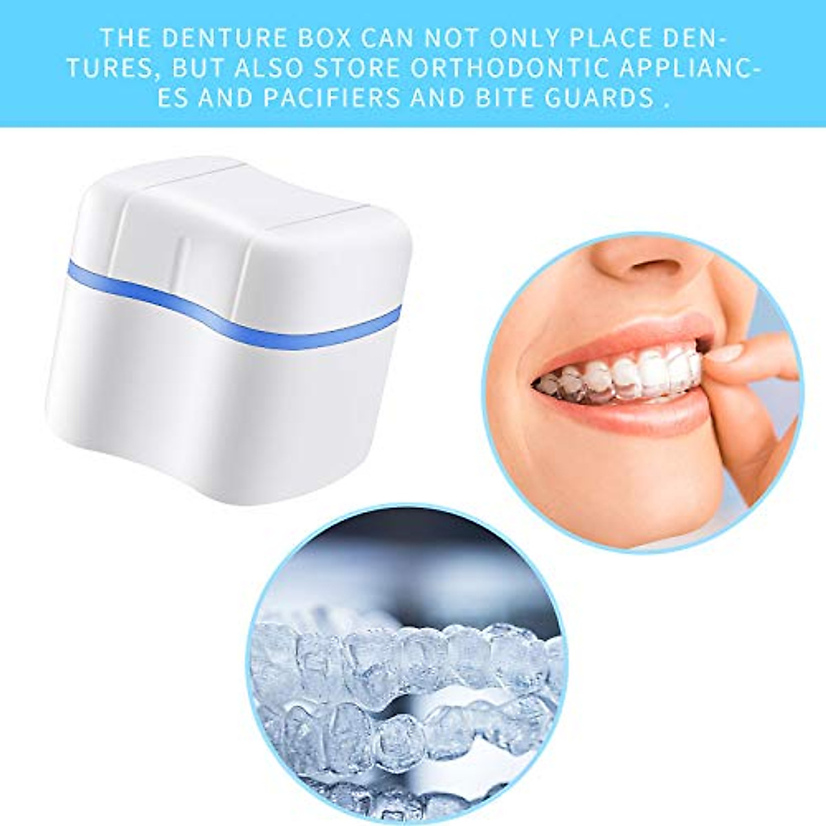 2 Denture Bath Cases Denture Cups with 2 Denture Cleaner Brushes Denture Boxes Dentures Container with Basket Denture Holder Brush Retainer Case for Travel Retainer Cleaning (Blue, Red, Purple)