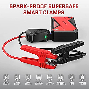 DBPOWER Peak 1600A 18000mAh Portable Car Jump Starter(up to 7.2 Gas, 5.5L Diesel Engines) Battery Booster with Smart Charging Port, LCD Display, Intelligent Jumper Clamps, Compass and LED Light (Red)