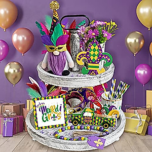 Mardi Gras Decorations,Mardi Gras Gnome Tiered Tray Decor,Mardi Grasi Gnome Plush,3X Rustic Wood Signs,Woodbead Garland,Mardi Gras Farmhouse Table Centerpiece Decor,Mardi Gras Decor