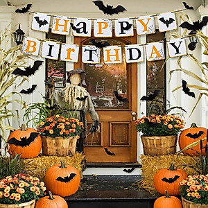 Halloween Birthday Party Decorations, Orange Black Latex Balloons Happy Birthday Banner 32pcs Black Vampire Bats for Kids Halloween Theme Birthday Party Supplies Kit