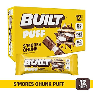 Built Bar, Puff Protein Bars, S'mores Chunk Puff, 15g Protein Snacks, On-The-Go Bars, Only 160 Calories, 9g Sugar, Collagen, Not Gluten Free, 12 Count