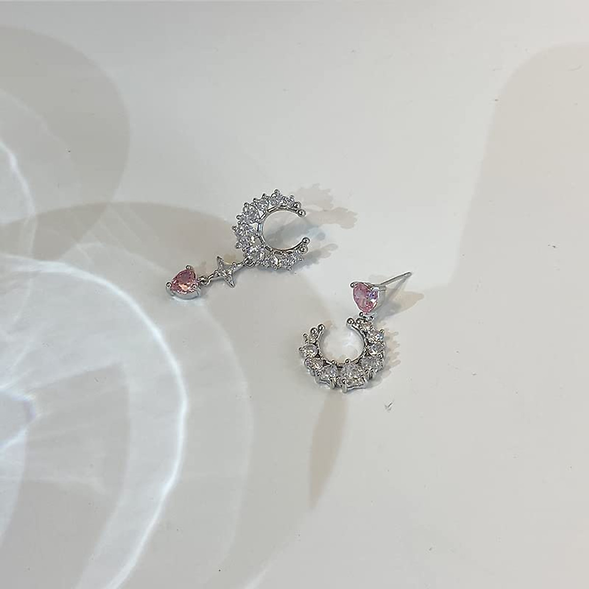 UniLogue Star Moon Stud Earrings with Zircons Inlaid, Curvy Moon Stud Earrings with Pink Zircon Gemstones Inlaid Heart Drop Earrings Minimalist Common Luxury Asymmetrical Style Gift for Women