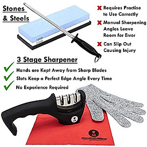 Knife Sharpeners for Steel and Ceramic Kitchen Knives - Manual Handheld System to Safely Sharpen and Hone your Knife - Includes Cut Resistant Glove and Blade Cloth (Black)