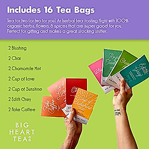Big Heart Tea Co. Tea Bags Sampler Set - Certified Organic, Ayurvedic Herbal Tea - Small Batch Ground Herbs, Florals, Spices in Zero Plastic Sachets - Healthy Tea Variety Pack - 8 Flavors, 16 Pack