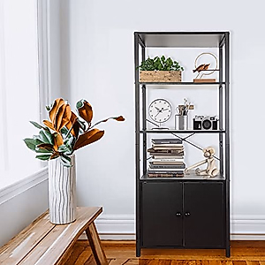 Jahof 4-Layer Industrial Bookshelf, Bookcase with 2 Doors, Standing Storage Cabinet for Living Room, Home Office, Bedroom, Washroom, Kitchen (4-Tier, Black)