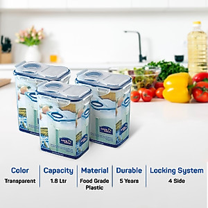 Lock & Lock Classics Tall Rectangular Plastic Airtight Kitchen Or Fridge Container Boxes Set With Leak Proof Lid 1.8 Liter, Set of 3, Transparent (HPL813F x 3)