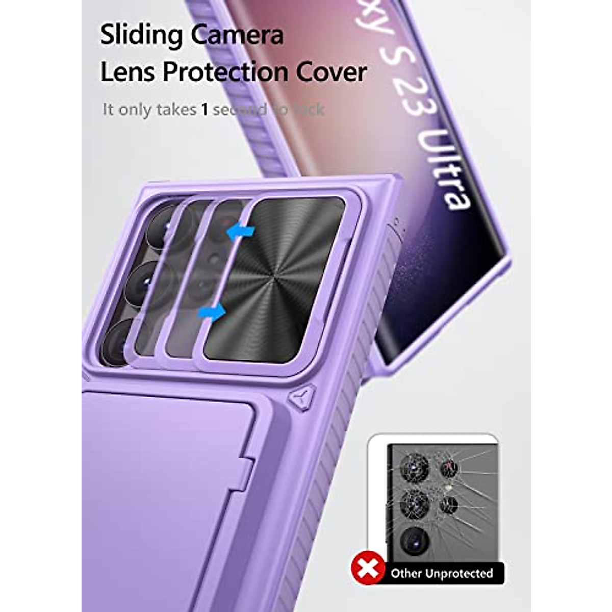 Vihibii Wallet Phone Case for Samsung Galaxy S23 Ultra 5G with Slide Camera Protection Cover, Built-in Card Holder (4 Cards) & Kickstand, Shockproof Rugged 6.8" 2023, Purple