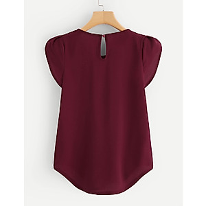 Milumia Womens Casual Round Neck Basic Pleated Top Shirt Curved Keyhole Back Blouse (Burgundy, Small, Cap Sleeve)
