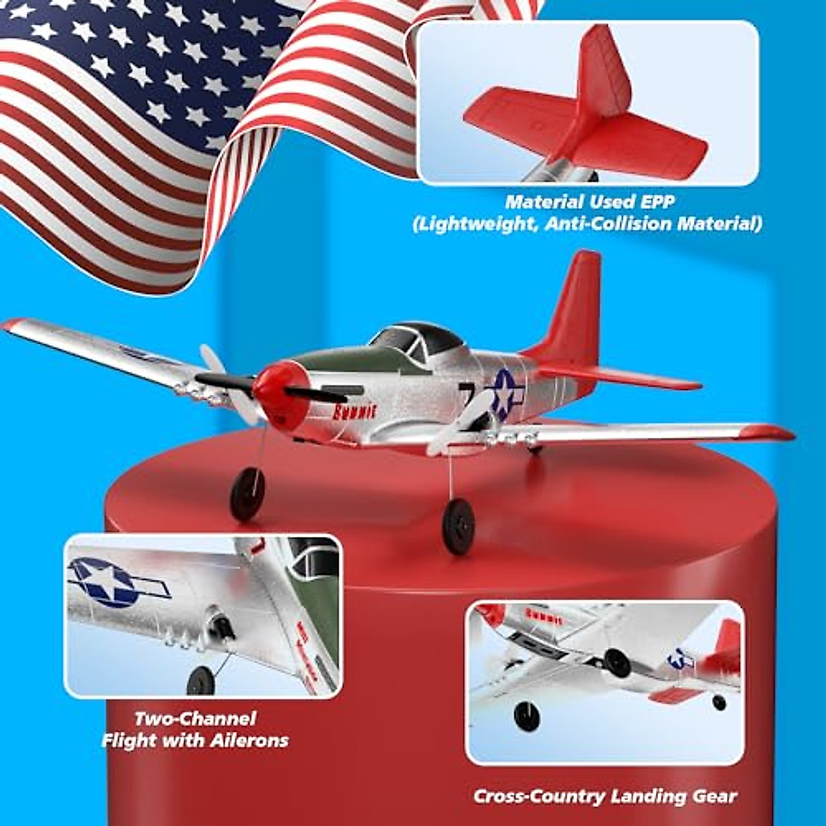 28℃ Remote Control Airplanes, 2.4Ghz 2CH RC Plane Toy Gift for Kids & Adults, P51 Mustang Remote Control Plane for Beginners with Gyro Stabilization System (RED)