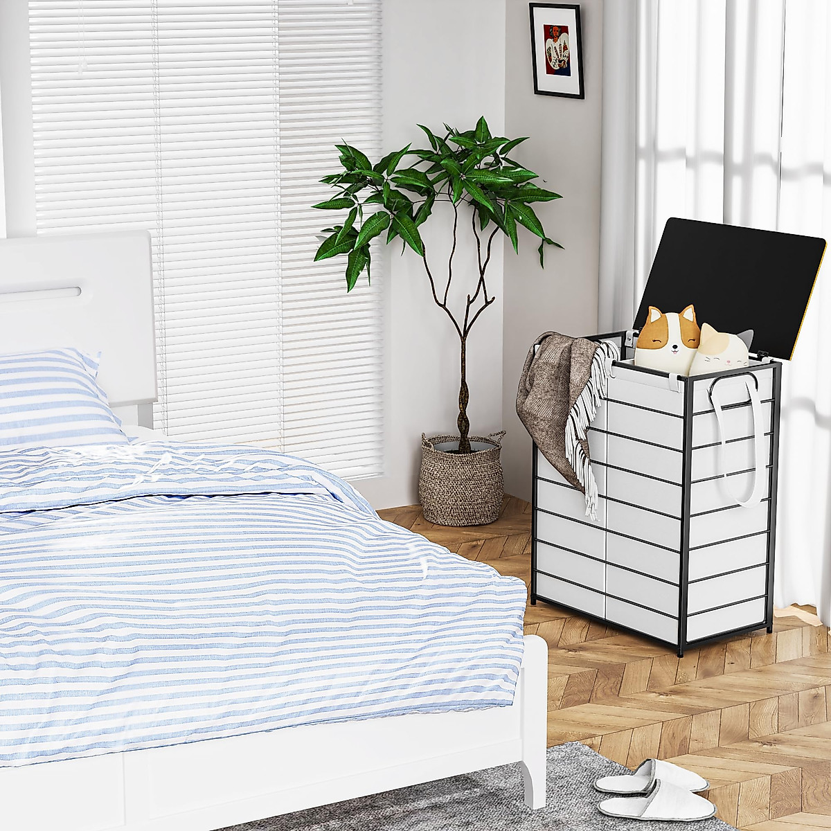 Laundry Hamper with Lid 2 Section, Double Laundry Basket Separation Organizer with Cover, Dirty Clothes Hamper, Large Capacity Iron-Made Laundry Sorter Laundry Room Organization