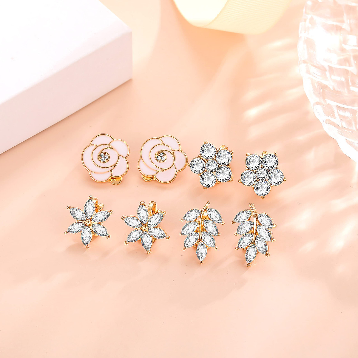 Aganippe Gold Non-Piercing Earrings Set, 12 Pairs, Dangle & Pearl, Hypoallergenic, Gift Box