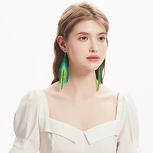 Luluping Long Beaded Dangle Earrings – Boho Native Handmade Seed Bead Tassel Earrings for Women, Bohemian Large Statement Beaded Drop Fringe Earrings (Green Beaded Earrings B)