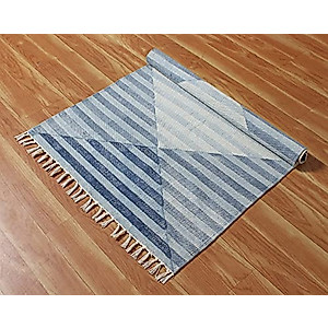 Casavani Hand Block Printed Cotton Dhurrie Striped Blue Tassel Rug Easy Care Washable Rugs for Doormat Entryway Living Room Bedroom Hallway Balcony 2x3 Feet
