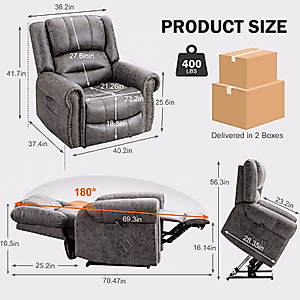 CDCASA Dual Motor Lay Flat Lift Chairs Recliners for Elderly with Massage and Heat, Breathable Leather Infinite Position Large Sleeping Electric Power Lift Chair Recliner for Seniors, Grey