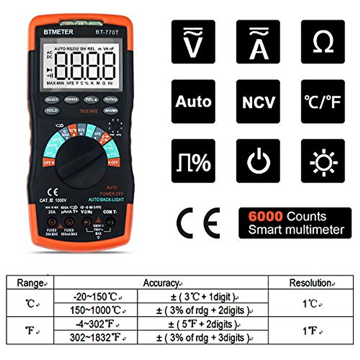 True RMS Digital Multimeter Tester 6000 Counts AC DC 20A Ohmmeter Voltmeter DMM Measure Voltage Current Amp Resistance Diodes Continuity Duty-Cycle Capacitance Temperature (BTMETER BT-770T)