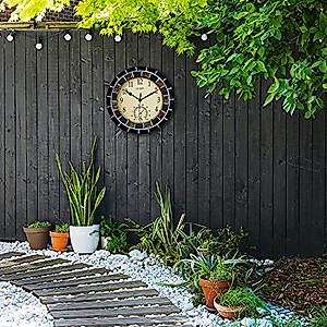 OCEST 10 Inch Indoor Outdoor Clock, Waterproof Wall Clock with Thermometer, Weather Resistance Non-Ticking Battery Operated Décor Clock for Patio, Pool, Lanai, Fence, Porch, Garden, Bathroom