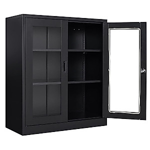 Metal Storage Cabinet, Locking Steel Storage Cabinet with 2 Doors and Adjustable Shelves, Metal Cabinet with Lock, 36" Storage Cabinet Great for Garage, Home, Office (Black)