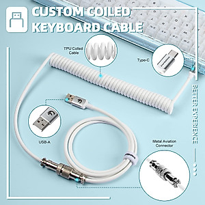 65% Hot-Swap Wired Mechanical Gaming Keyboard Programmable with Transparent 66 Key Full Side RGB OWERTY Linear Ice White Switch Custom Coiled C to A Cable Media Knob 2-IN-1 Case for WIN/PC/MAC(White)