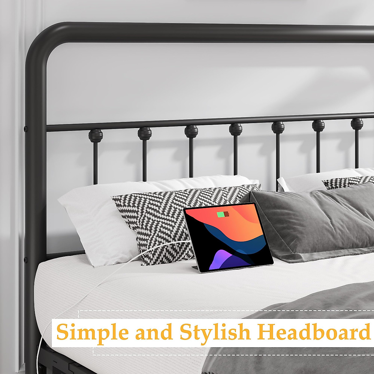 Fluest Queen Bed Frame with Headboard & Footboard, Bed Frame with Charging Station & LED, Metal Platform, Under Bed Storage, No Box Spring Needed, Noise Free, Easy Assembly, Black