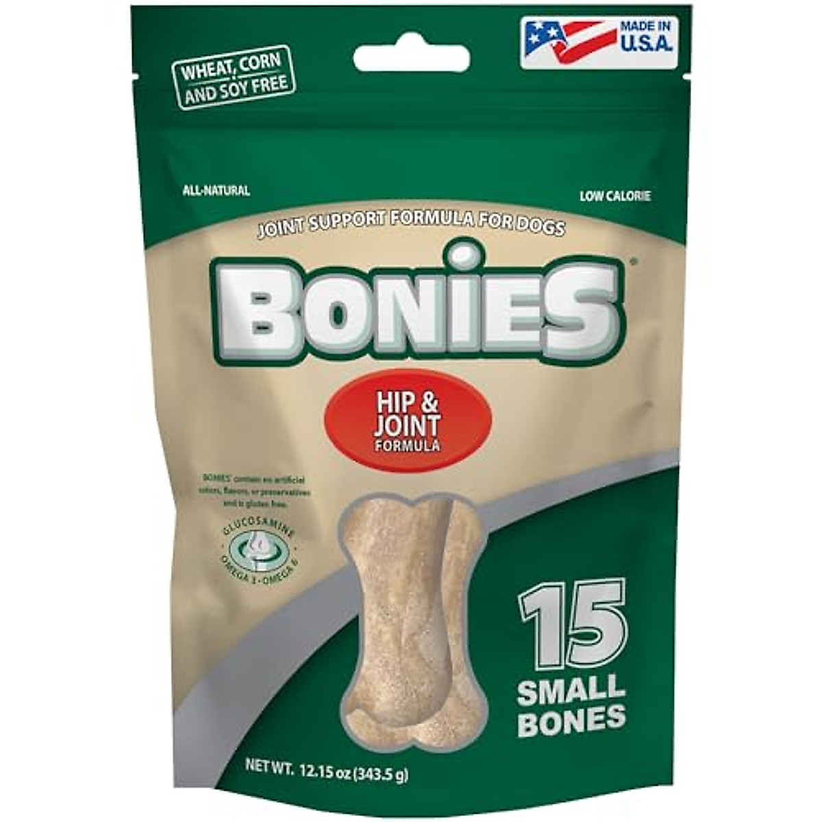 Bonies Natural Hip & Joint Formula Small-Sized Single Bone, Glucosamine & Omega Fatty Acids, Fresh Breath, Clean Teeth, Low Calories, Chicken Flavor, 15 Bones