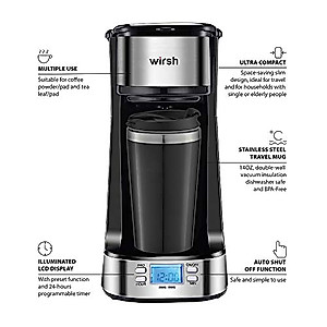 wirsh Single Serve Coffee Maker- Small Coffee Maker with Programmable Timer and LCD display, Single Cup Coffee Maker with 14 oz.Travel Mug and Reusable Coffee Filter, Black