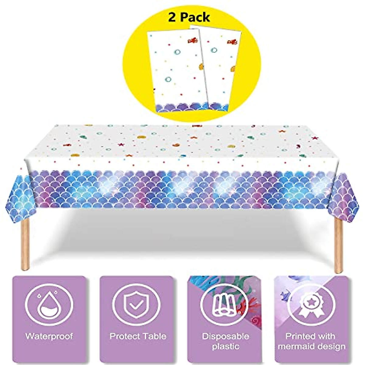 UOMNICUE Mermaid Tablecloth 2PCS Mermaid Theme Birthday Tablecloth Mermaid Disposable Plastic Tablecloth Party Supplies for Kids Girls Birthday Party Decorations Baby Shower 52X87 in