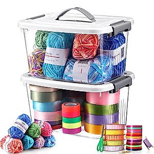 CroBlissful 2 Pcs Tall Yarn Storage Organizer Plastic Storage Bins with Lids Ribbon Organizer Clear Stackable Crochet Storage Container Holder for Thread Beads Ribbon Glitter Yarn