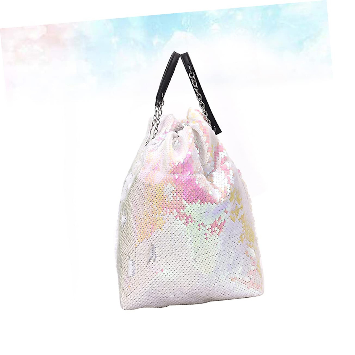 OSALADI Luxury Sequin Messenger Bag Women's Bucket Bag with Chain Large Capacity Tote Shiny Sequin Design White