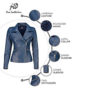 Jild Women's Asymmetrical Zip-Up Real Lambskin Leather Motorcycle Jacket - Casual Fashion Moto Biker Leather Jacket Women (BW-Blu-L)