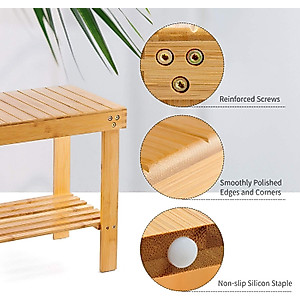 VaeFae Bamboo Spa Bench Wood Seat Stool Foot Rest Shaving Stool with Non-Slip Feets Storage Shelf for Shampoo Towel,Works in Bathroom/ Living Room/ Bedroom/Garden Leisure